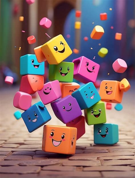 Premium Photo Cute Colorful Cubes Bouncing On The Ground Smiling