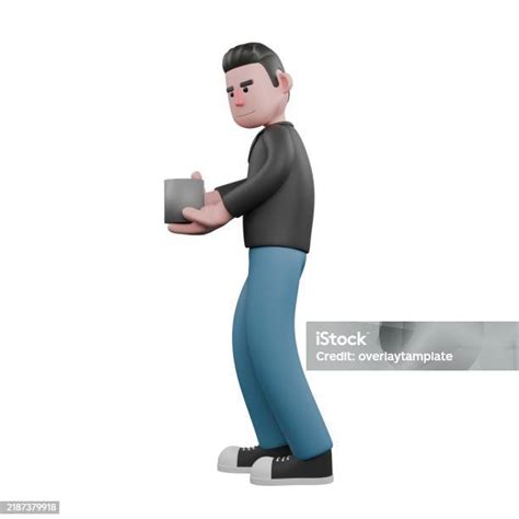 크리 에이 티브 3d 모델 한 남성 시나리오 작가가 양손으로 커피잔을 들고 오른쪽을 바라보고 서 있다 아티스틱 일러스트레이션 3차원 형태에 대한 스톡 사진 및 기타 이미지