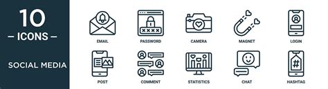 소셜 미디어 개요 아이콘 세트에는 얇은 줄 이메일 카메라 로그인 댓글 채팅 해시 태그 보고서 아이콘 게시 프리젠 테이션