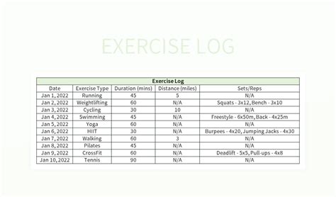 Exercise Log Excel Template And Google Sheets File For Free Download Slidesdocs