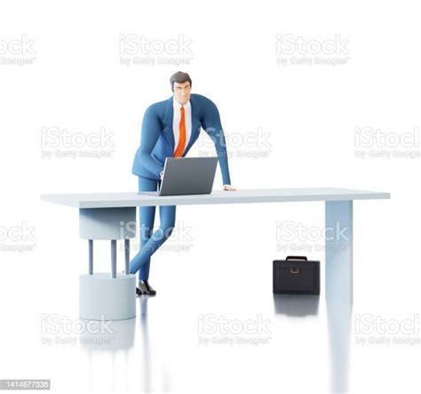 성공적인 사업가 사무실 노트북으로 작업 그의 책상 옆에 머물러 있습니다 3d 렌더링 그림 개념에 대한 스톡 사진 및 기타 이미지