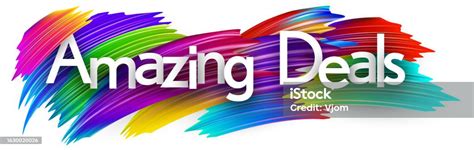 흰색 위에 다채로운 스펙트럼 페인트 브러시 스트로크가 있는 놀라운 거래 종이 단어 기호 Best Single Word에 대한 스톡 벡터 아트 및 기타 이미지 Best