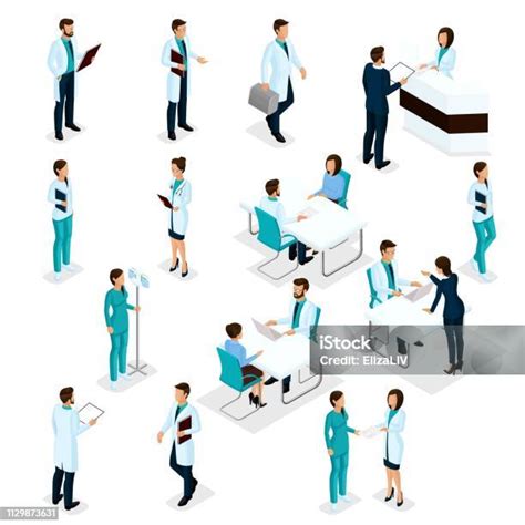 아이소메트릭 의사 병원 직원 간호사 3d 외과 의사와 환자를 설정 합니다 건강 전문가 병원 흰색 배경에 고립 벡터 일러스트 레이 션 의사에 대한 스톡 벡터 아트 및 기타