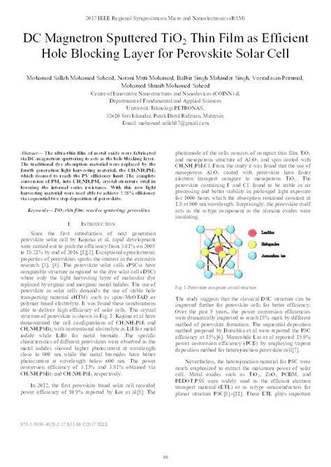 Pdf Dc Magnetron Sputtered Tio 2 Thin Film As Efficient Hole Blocking Layer For Perovskite