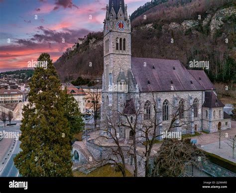 Aerial View Of Cathedral Of St Florin In Vaduz Liechtenstein Stock