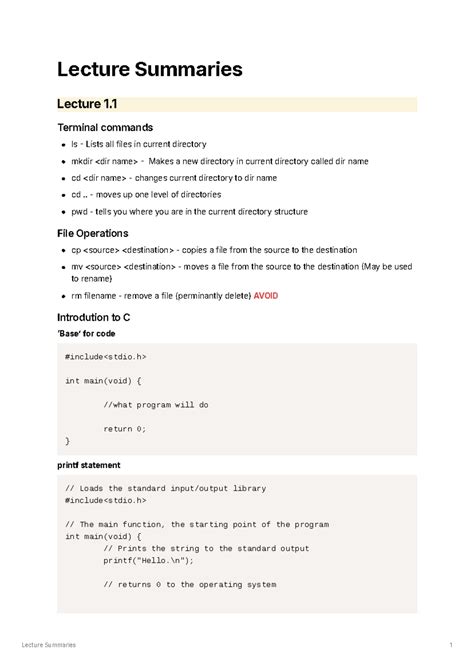 Comp1511 Lecture Summary Notes Lecture Summaries Lecture 1 Terminal