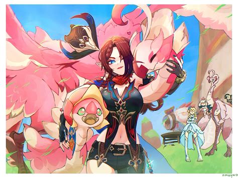 Lumine Paimon Chasca And Qucusaurus Genshin Impact Drawn By Nmaywo Danbooru