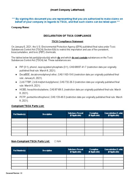 Tsca Declaration Template Pdf