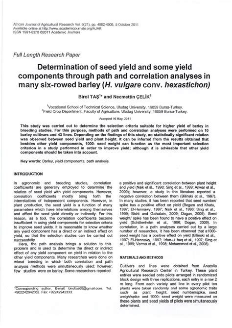 Pdf Determination Of Seed Yield And Some Yield Components Through