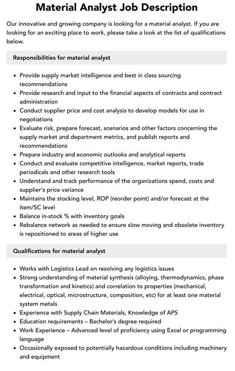 Material Analyst Job Description Velvet Jobs Material Analyst Job Description Velvet Jobs