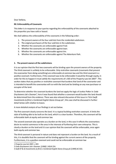 Real Property Assignment 1 Final Dear Stefano Re Enforceability Of Covenants This Letter Is