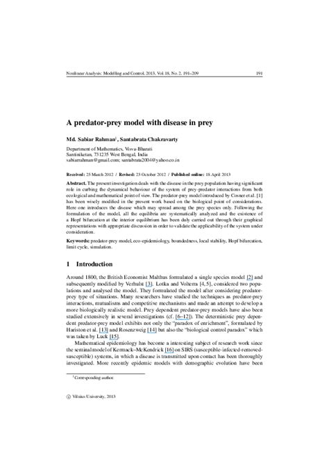 Pdf A Predator Prey Model With Disease In Prey
