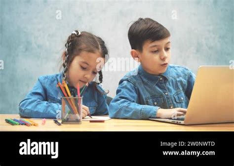 Lovely Girl Is Drawing Her Brother Is Searching In The Internet She
