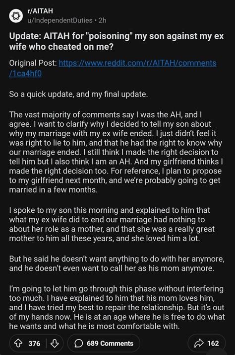 Not Oop Update Aitah For Poisoning My Son Against My Ex Wife Who