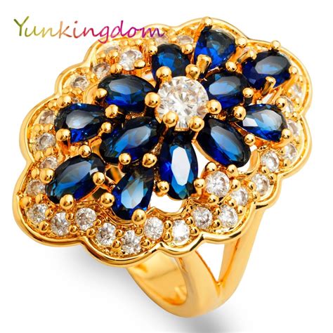Yunkingdom 완벽한 디자인 골드 컬러 반지 다크 블루 큐빅 지르코니아 크리스탈 반지 여성 보석 휴일 선물 Alp0486crystal Rings For Women