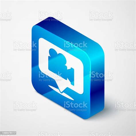 아이소메트릭 카메라와 위치 핀 아이콘은 회색 배경에 분리되어 있습니다 파란색 사각형 버튼입니다 벡터 3차원 형태에 대한 스톡 벡터 아트 및 기타 이미지 Istock