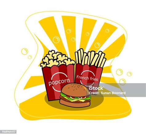 귀여운 세트 패스트 푸드와 노란색 배경입니다 감자 요리에 대한 스톡 벡터 아트 및 기타 이미지 감자 요리 감자 칩 개체