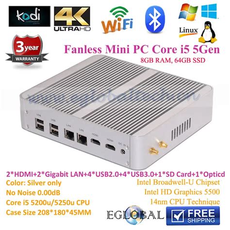 5th Generation CPU Intel Core I5 5257u 8GB RAM 64GB SSD Mini Pc 12v Aluminum Silver Case