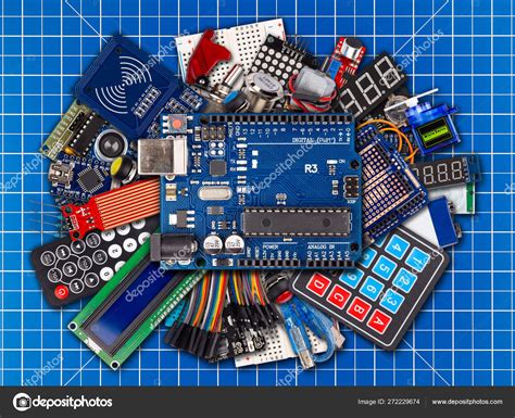 Collage Of Microcontroller Board Display Sensor Button Switches Stock Illustration By ©stockfoto