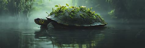A Turtle With Leaves Growing On Its Shell Is Floating In The Water Misty Jungle River Natural