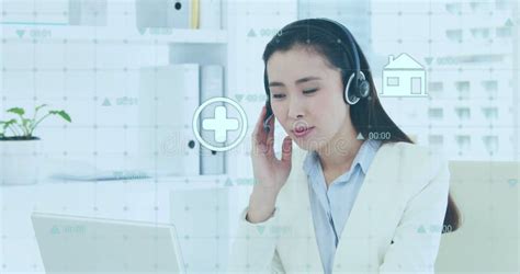 animation of data processing over asian female doctor using laptop and