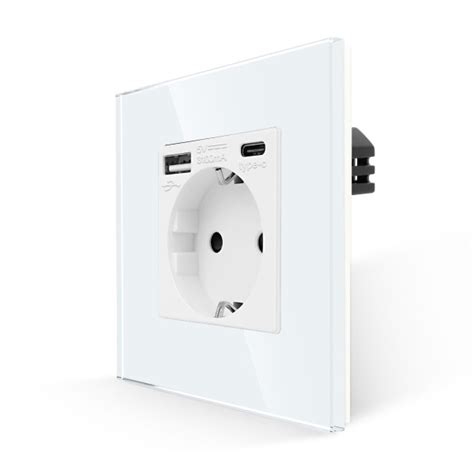 Розетка электрическая одинарная с Usb и Type C входами рамка стекло Белый купить по низкой