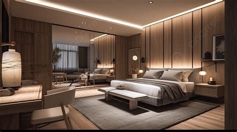 3d 렌더링 호화로운 침실 Tv와 작업 공간을 갖춘 정교한 호텔 스위트룸 고급 침실 고급 아파트 호텔 인테리어 배경