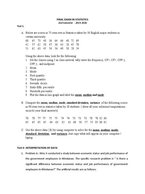 Final Exam In Statistics 1st Sem Pdf Students T Test Statistics
