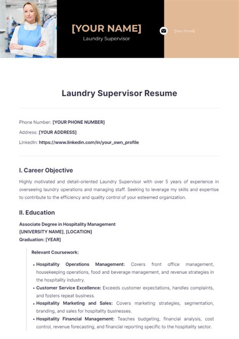 Free Laundry Supervisor Resume Template To Edit Online