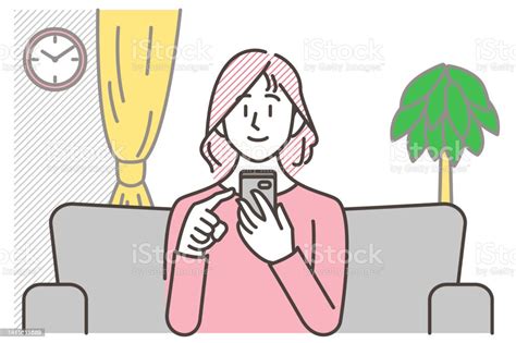 거실의 소파에 앉아 스마트폰을 조작하는 여성 벡터 일러스트레이션 스마트폰에 대한 스톡 벡터 아트 및 기타 이미지 스마트폰