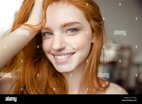 Closeup Portrait Of A Happy Redhead Woman Looking At Camera Stock Photo Alamy