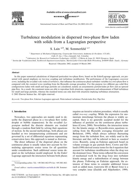 Pdf Turbulence Modulation In Dispersed Two Phase Flow Laden With Solids From A Lagrangian