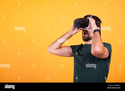 Man Wearing Vr Virtual Reality Headset Is Amazed Modern Technology