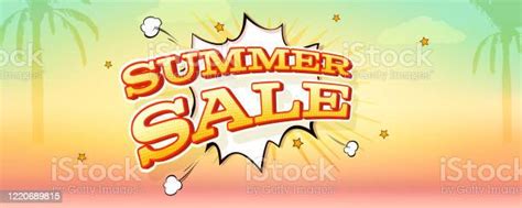 폭발 하는 연설 거품 여름 판매 배너입니다 손바닥과 열대 여름 배경입니다 만화 스타일의 벡터 스티커의 디자인 가격에 대한 스톡