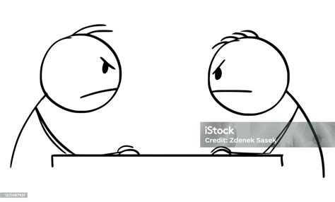 테이블에 앉아 서로보고 두 화가 남자 또는 사업가의 벡터 만화 그림상대와 이야기 분노에 대한 스톡 벡터 아트 및 기타 이미지 분노 가공의 인물 드로잉 Istock