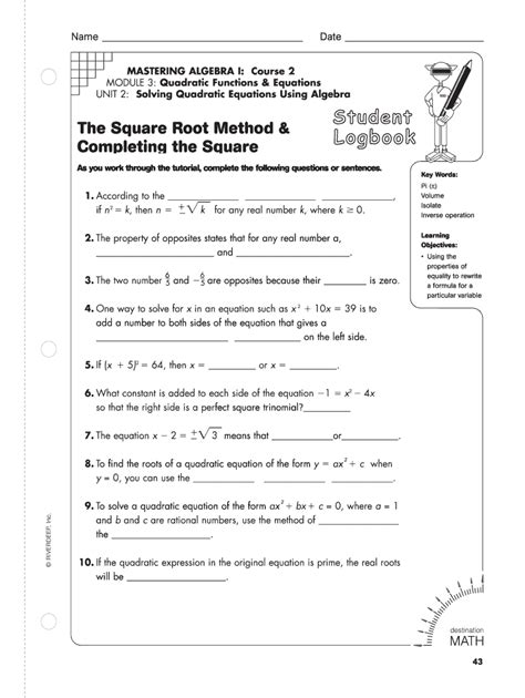 Fillable Online The Square Root Method Amp Completing The Square Fax
