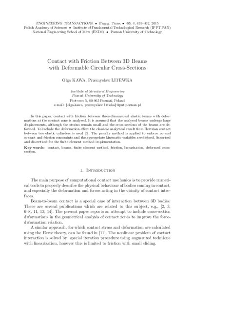 Pdf Contact With Friction Between 3d Beams With Deformable Circular Cross Sections