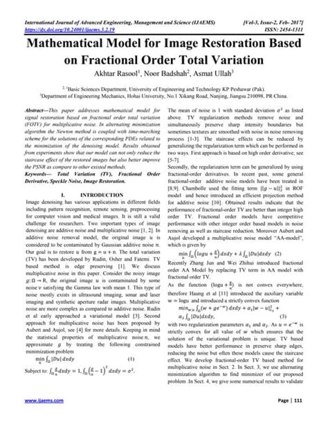 Mathematical Model For Image Restoration Based On Fractional Order