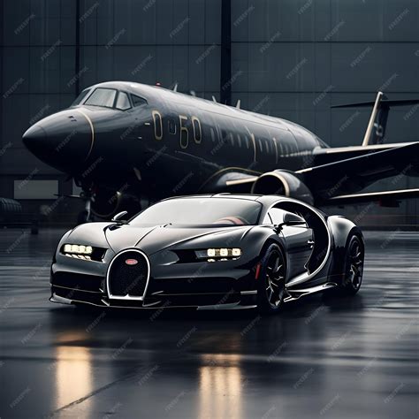 Premium Photo Black Bugatti Chiron Car And Private Jet On The Runway