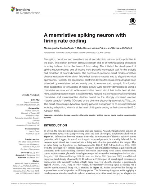 Pdf A Memristive Spiking Neuron With Firing Rate Coding