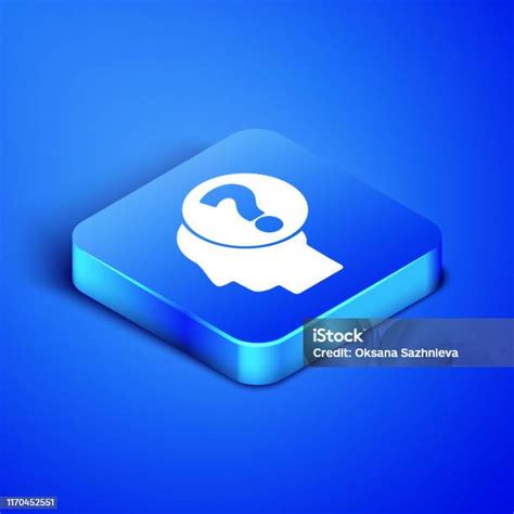 파란색 배경에 격리 된 물음표 아이콘이있는 등각 칭시 인간 머리 파란색 사각형 버튼입니다 벡터 일러스트레이션 개념에 대한 스톡 벡터 아트 및 기타 이미지 Istock