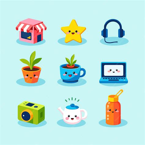 Cute Kawaii Objects Set Including Plant Camera Laptop And Teapot Premium Ai Generated Vector