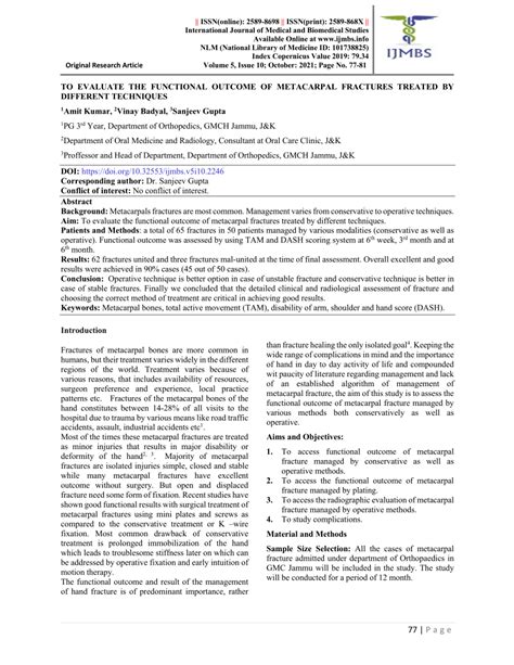 Pdf To Evaluate The Functional Outcome Of Metacarpal Fractures Treated By Different Techniques