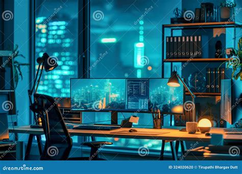 night programmer s desk dual monitors show city skyline and code moody