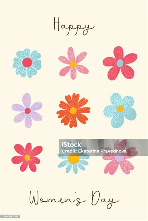 흰색 배경에 다채로운 손으로 그린 꽃과 타이포그래피가 있는 행복한 여성의 날을 위한 축제 카드입니다 거친 질감 효과 표지 라벨 포스터 초대장 0명에 대한 스톡 벡터 아트 및
