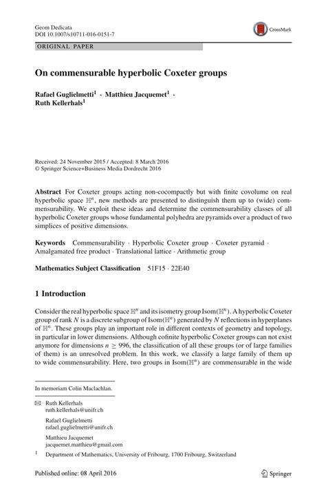 Pdf On Commensurable Hyperbolic Coxeter Groups