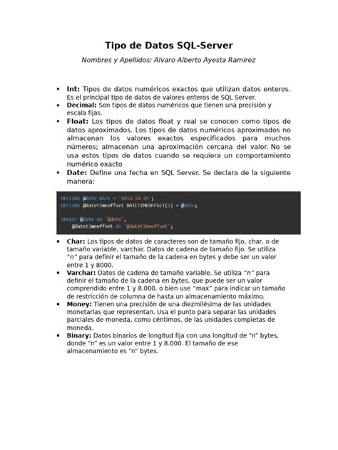 Tarea. Tipo de Datos SQL | PDF
