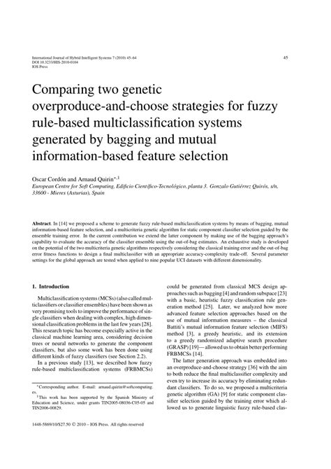 Pdf Comparing Two Genetic Overproduce And Choose Strategies For Fuzzy