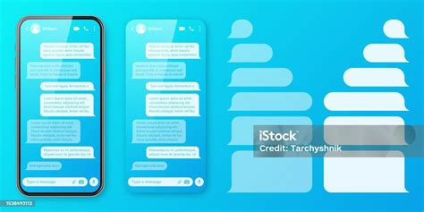화려한 파란색 배경에 메시징 앱이 있는 현실적인 스마트폰 빈 Sms 텍스트 프레임입니다 투명한 메시지 거품이 있는 채팅 화면 소셜 미디어 응용 프로그램 벡터 그림 Brand