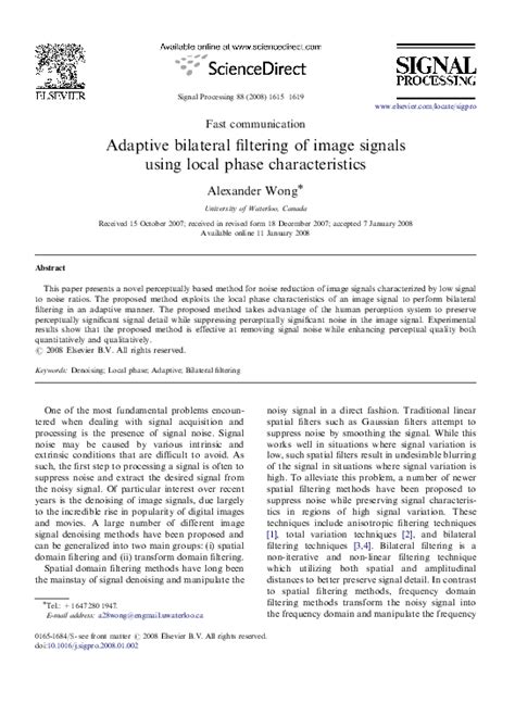 Pdf Adaptive Bilateral Filtering Of Image Signals Using Local Phase Characteristics